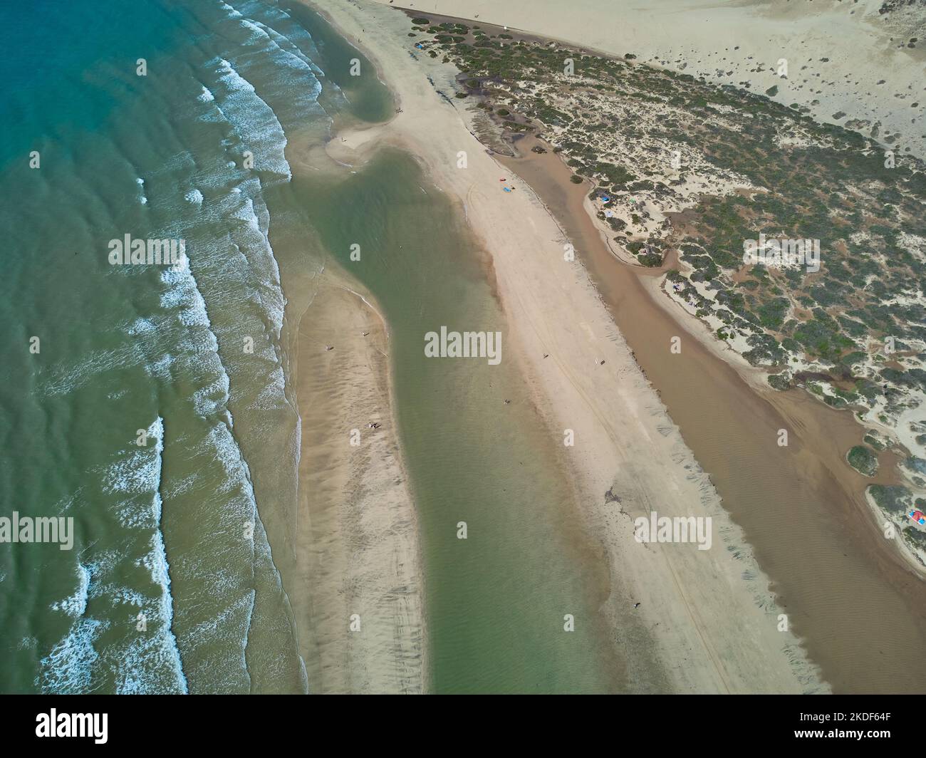 Aerial view of the Atlantic Ocean and the coastline in Sotavento beach ...