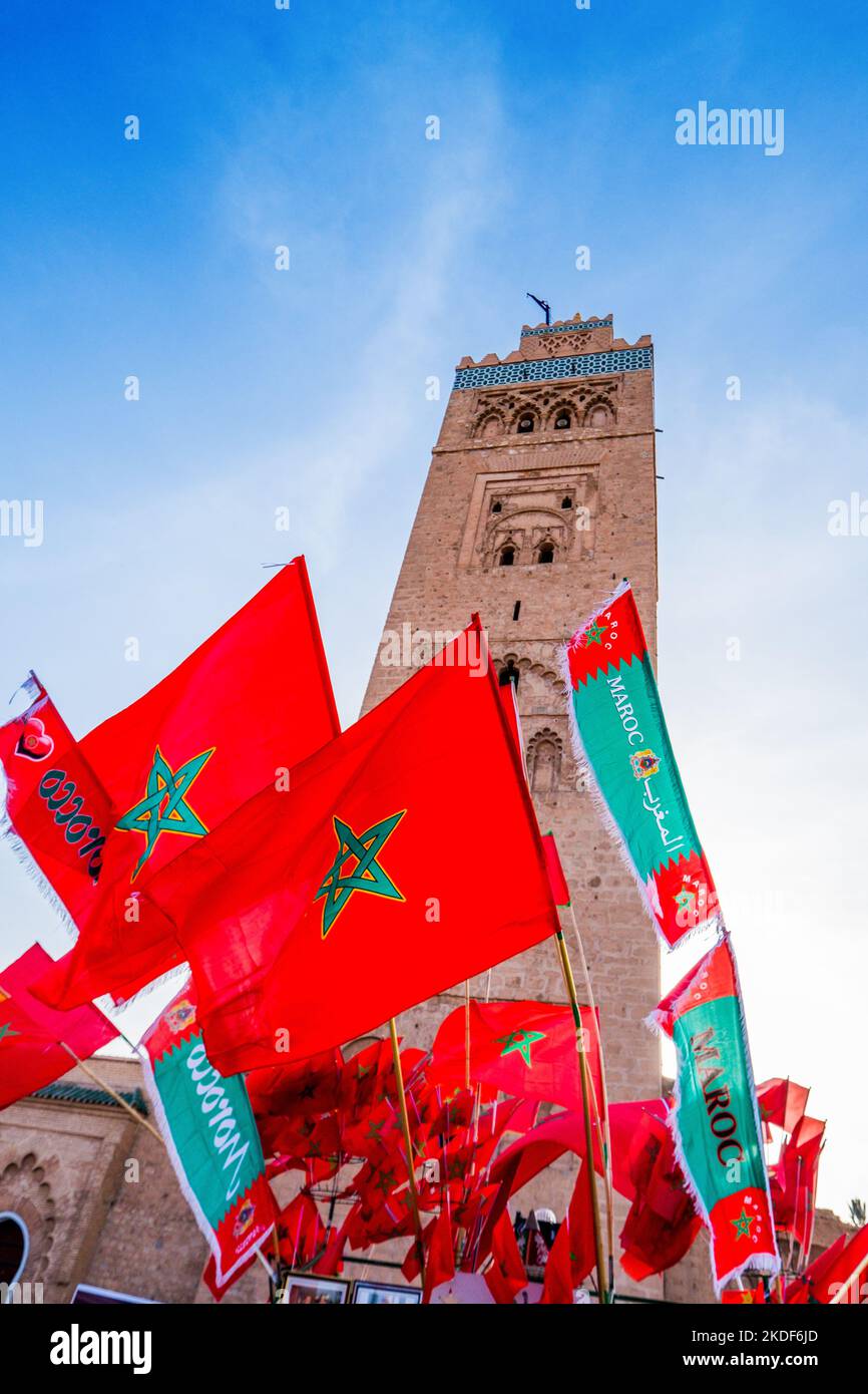 Marrakech, Morocco, Moroccan flags in front of The Kutubiyya Mosque ...