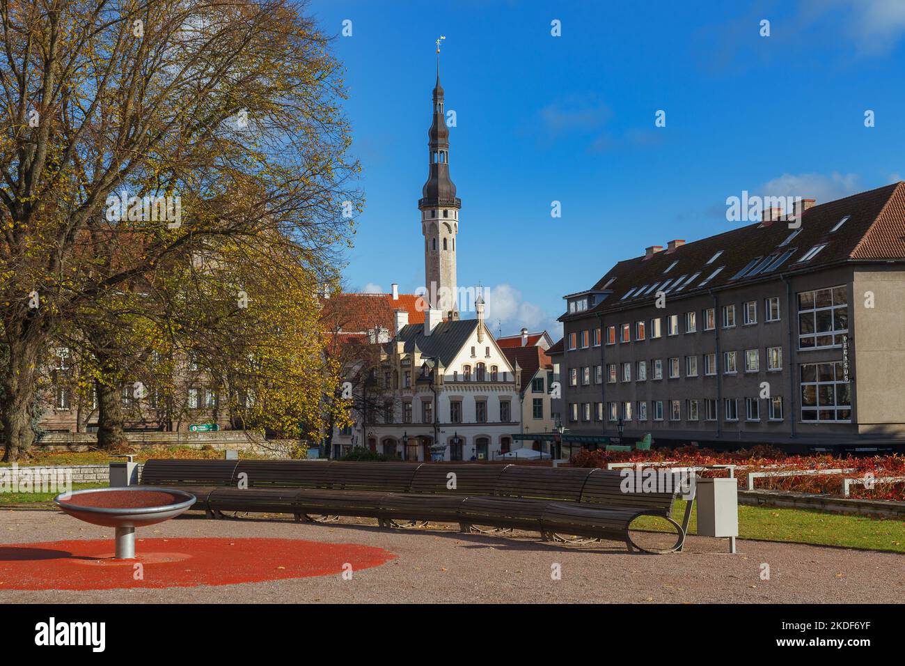 TALLINN, ESTONIA - OCTOBER, 11, 2021: Townhall tower. Streets of old ...