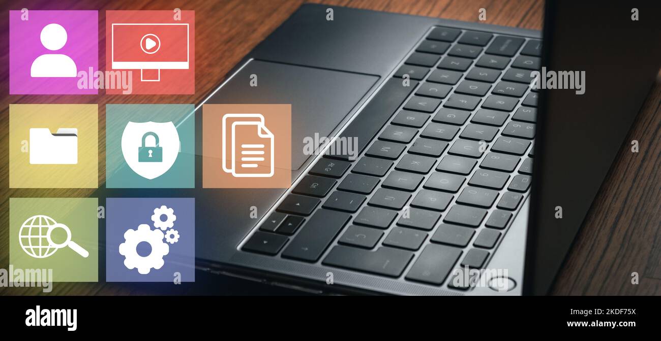 Banner of desktop with management document icons for data management system concept ...