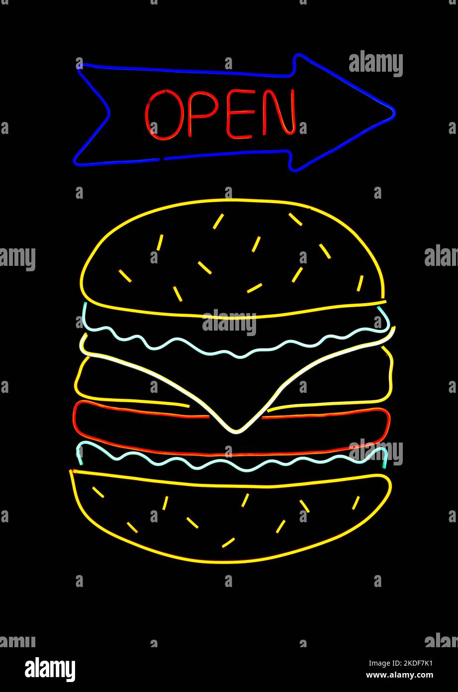Neon burger sign. Photo of glowing colorful LED neon light sign of ...