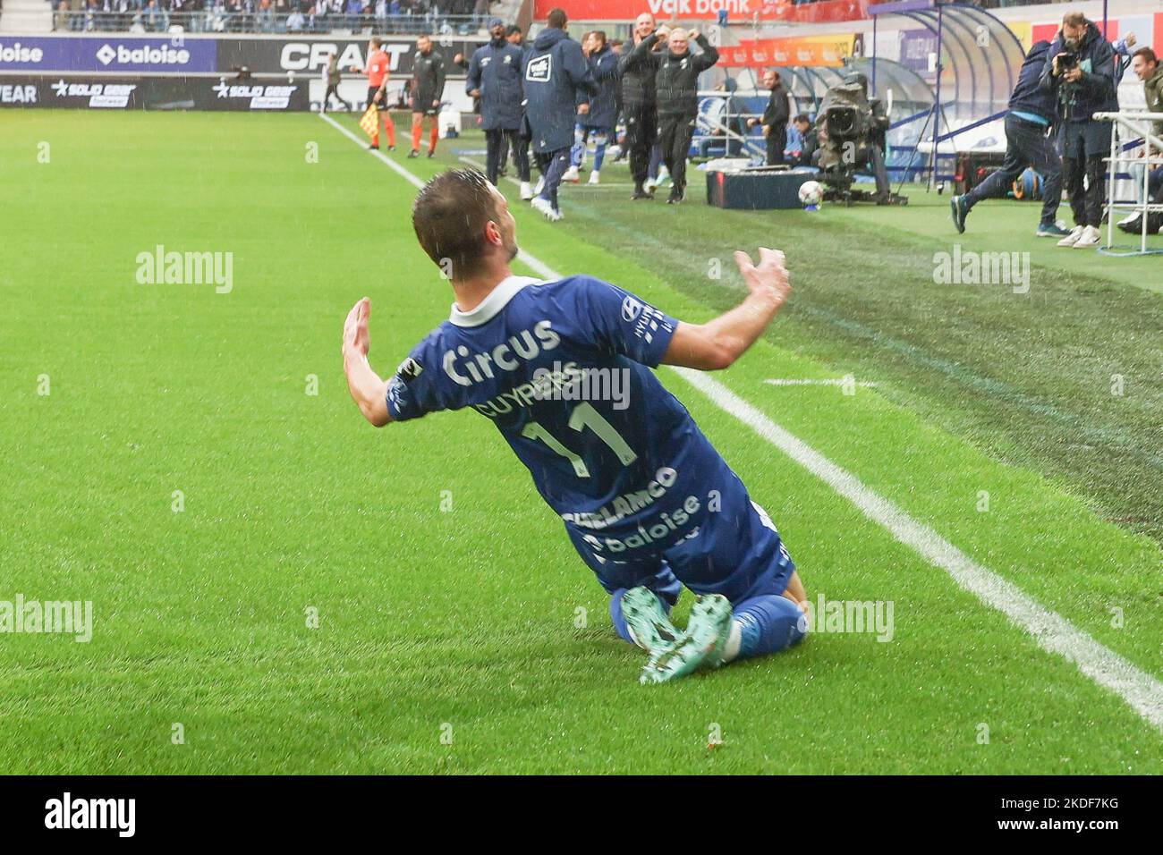 Gent's Hugo Cuypers celebrates after scoring during a soccer match ...