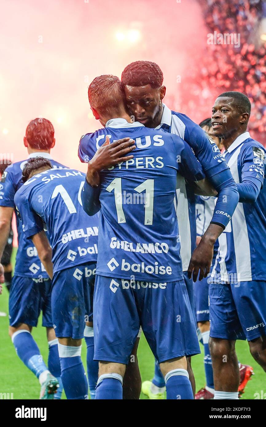 Gent's Hugo Cuypers celebrates after scoring during a soccer match ...