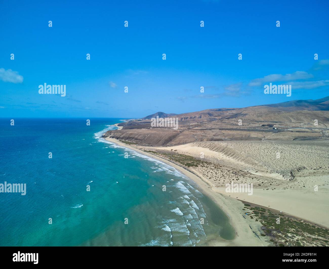 Aerial view of the Atlantic Ocean and the coastline in Sotavento beach ...