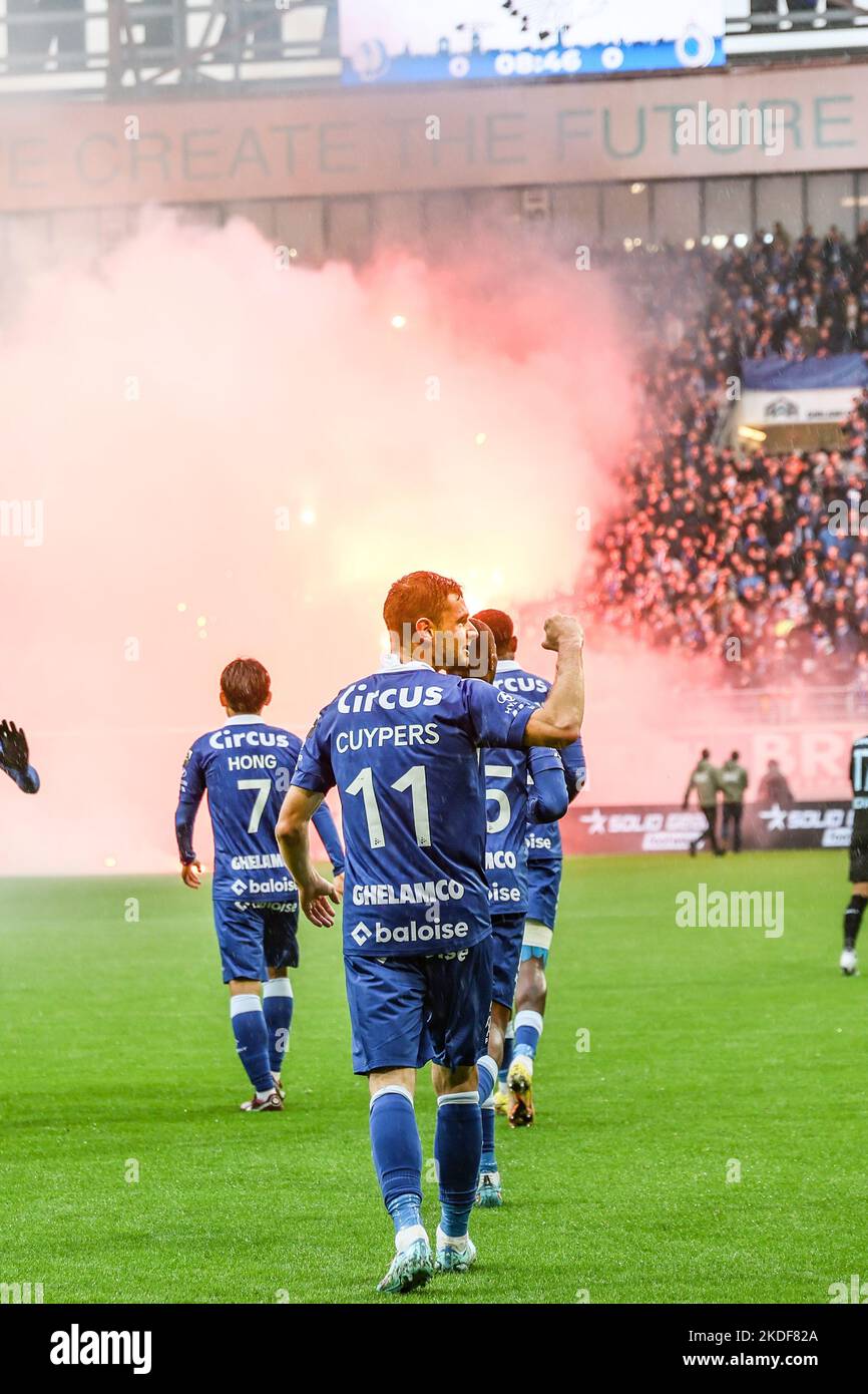 Gent's Hugo Cuypers celebrates after scoring during a soccer match ...