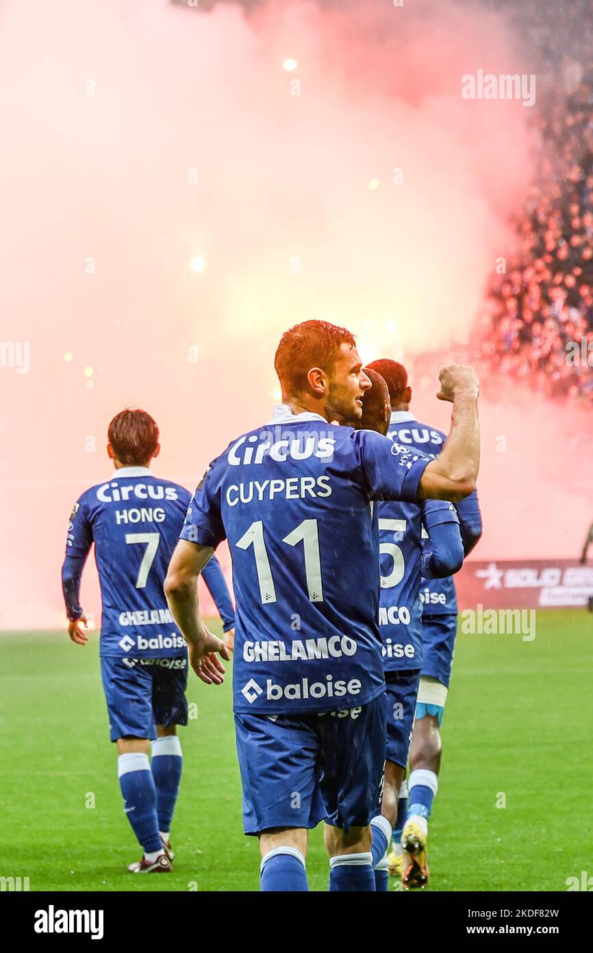 Gent's Hugo Cuypers celebrates after scoring during a soccer match ...