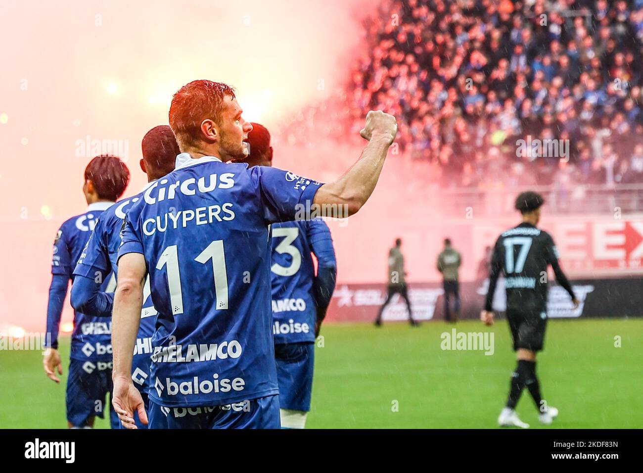 Gent's Hugo Cuypers celebrates after scoring during a soccer match ...