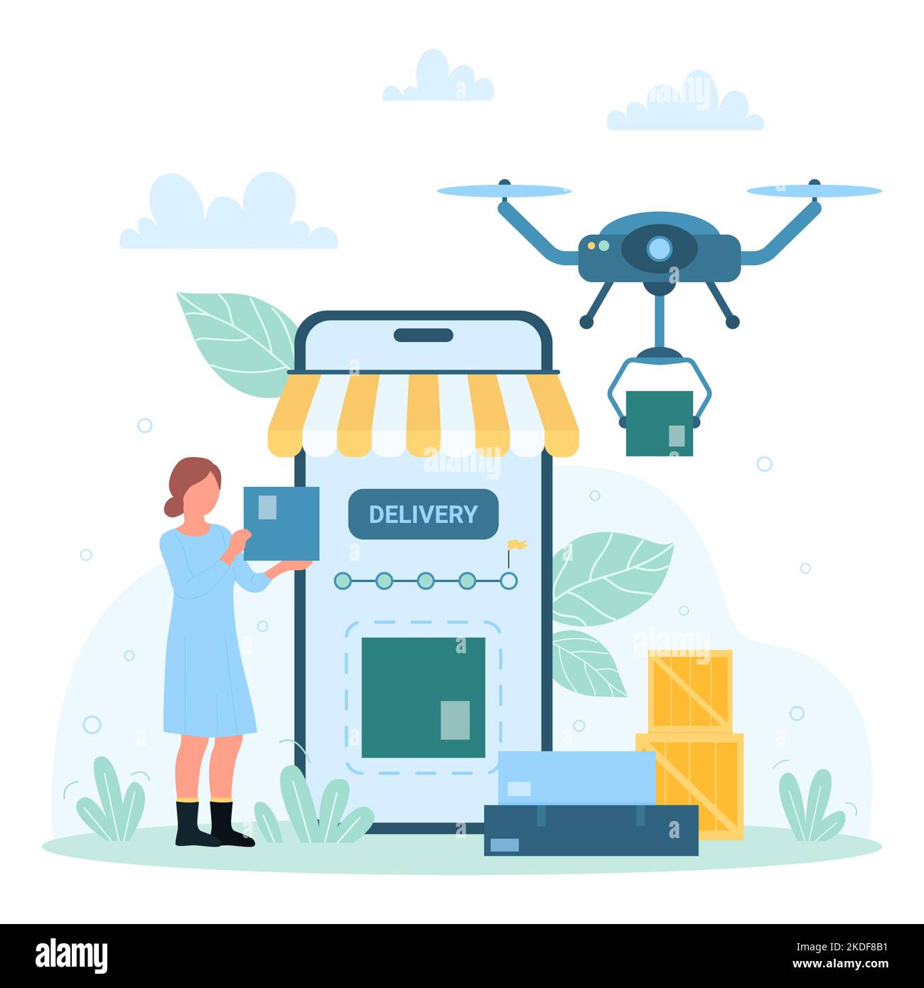 Drone delivery, express service vector illustration. Cartoon tiny woman ...