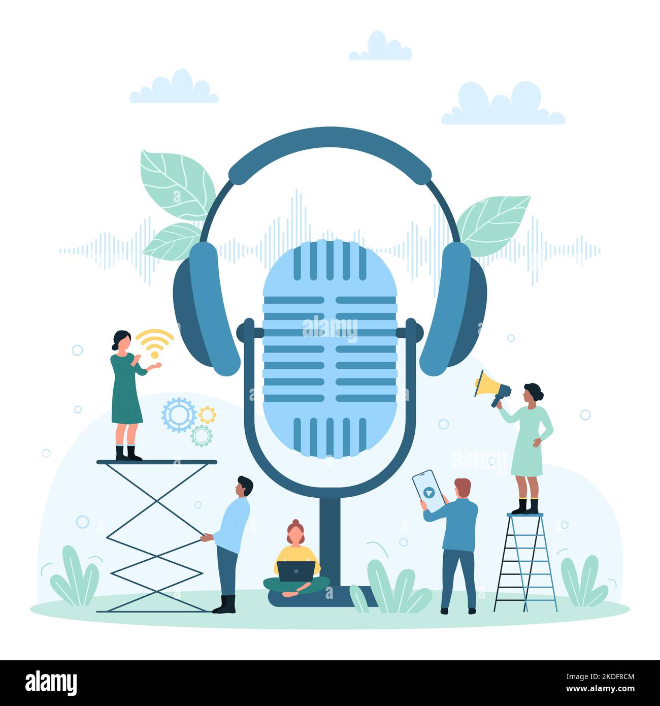 Audio podcast vector illustration. Cartoon tiny people record sound ...