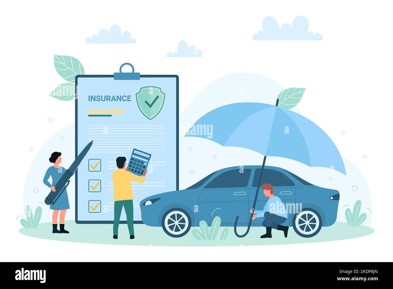 Car insurance vector illustration. Cartoon tiny people holding umbrella ...