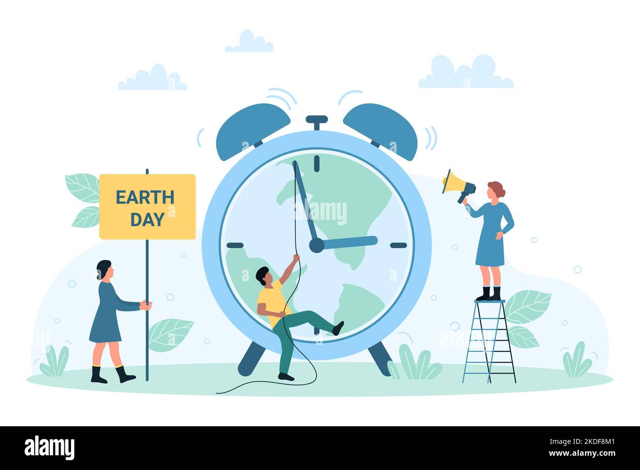 International Earth day vector illustration. Cartoon tiny people pull ...