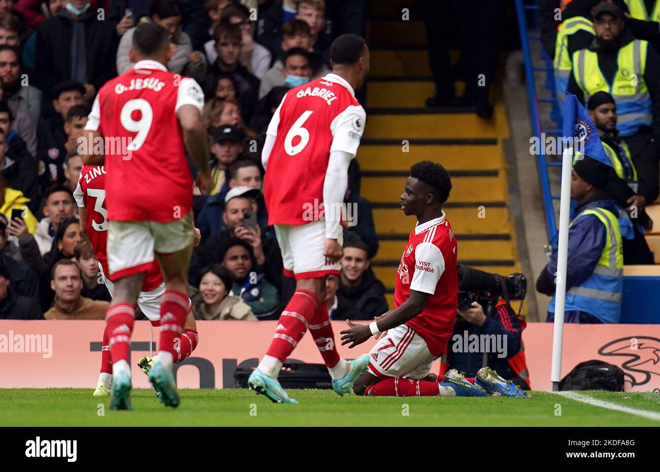 Arsenal's Bukayo Saka celebrates after his cross is turned into the net ...