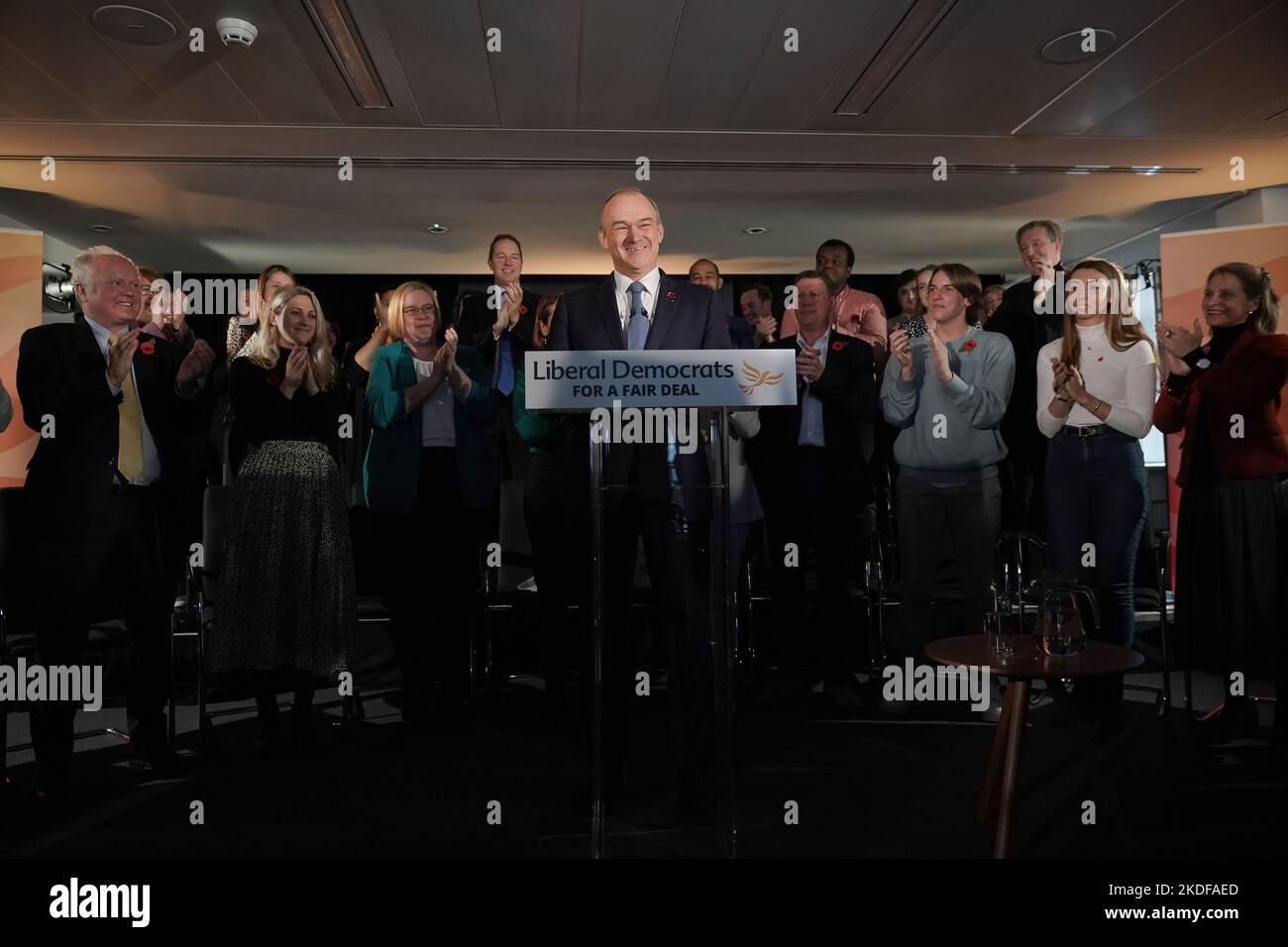 Liberal Democrat leader Sir Ed Davey delivers a speech to an audience ...