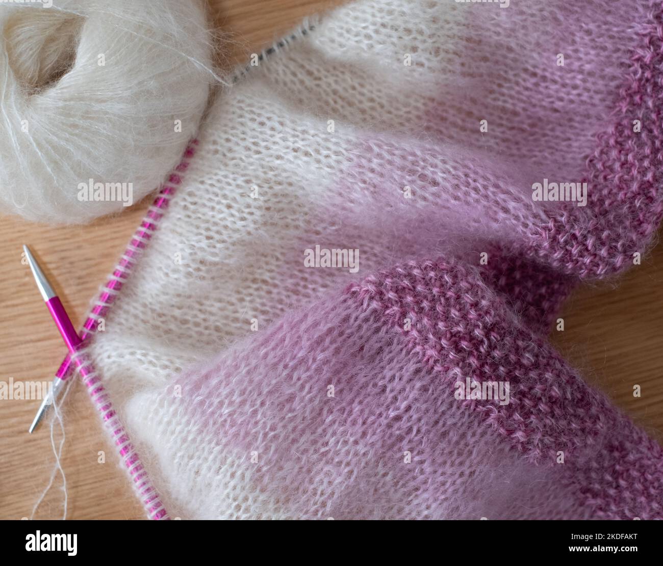 Pink and white ombre mohair hand knitted sweater with stitches ...