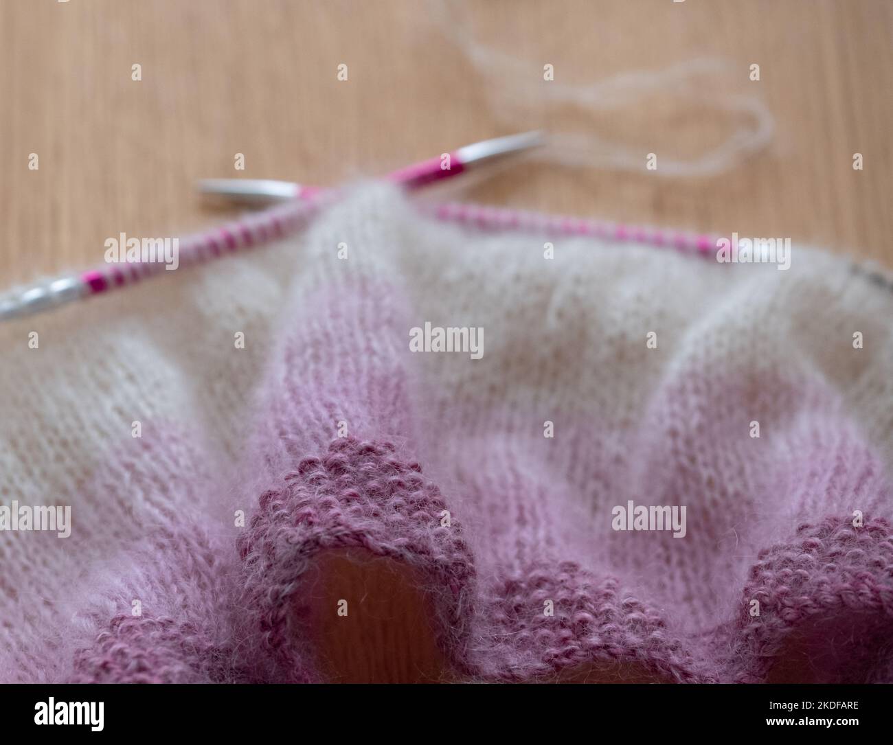 Pink and white ombre mohair hand knitted sweater with stitches ...