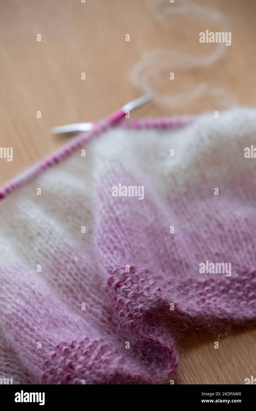 Pink and white ombre mohair hand knitted sweater with stitches ...