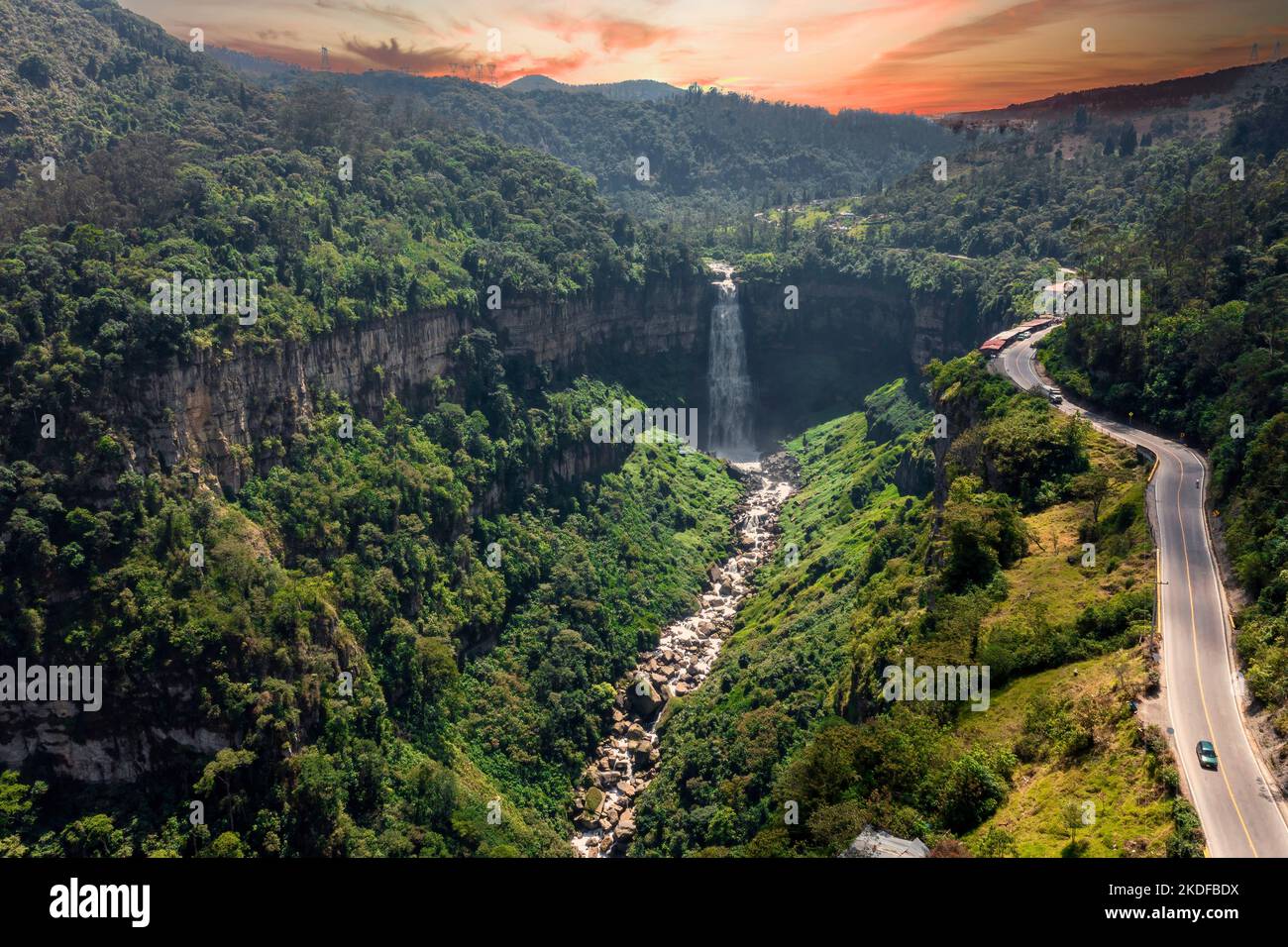 Waterfall near Andes mountain road Bogota Colombia Aerial View ...