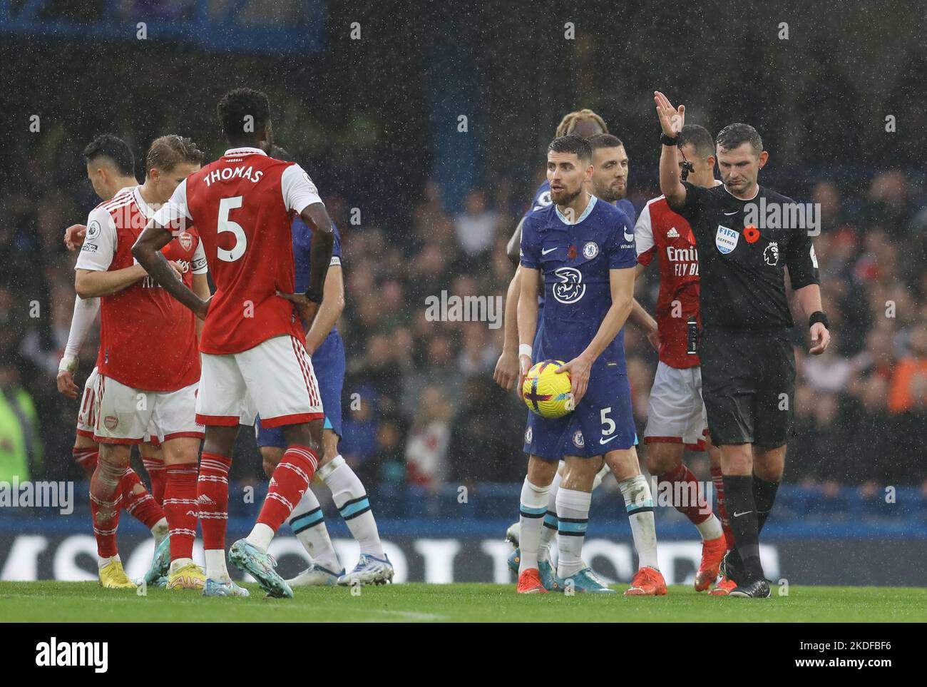 London, England, 6th November 2022. Referee Michael Oliver signals play ...