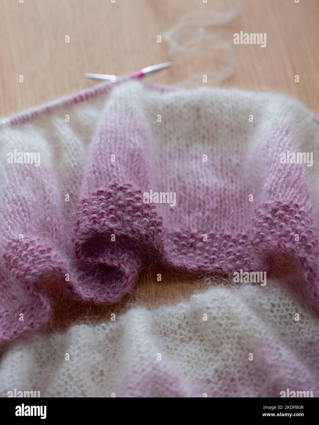 Pink and white ombre mohair hand knitted sweater with stitches ...