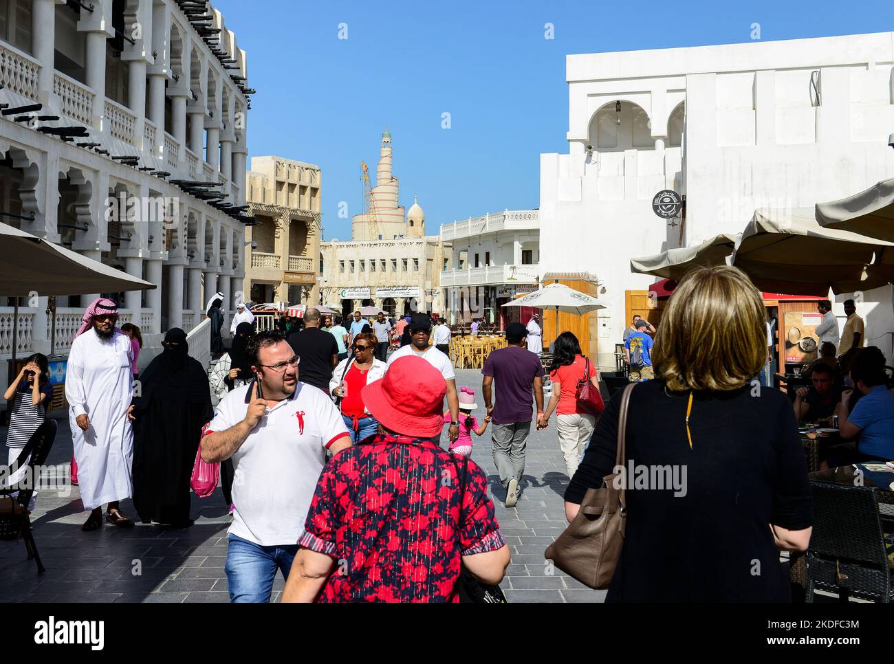 QATAR, Doha, bazar Souq Waqif and Fanar, behind tower of Qatar Islamic ...