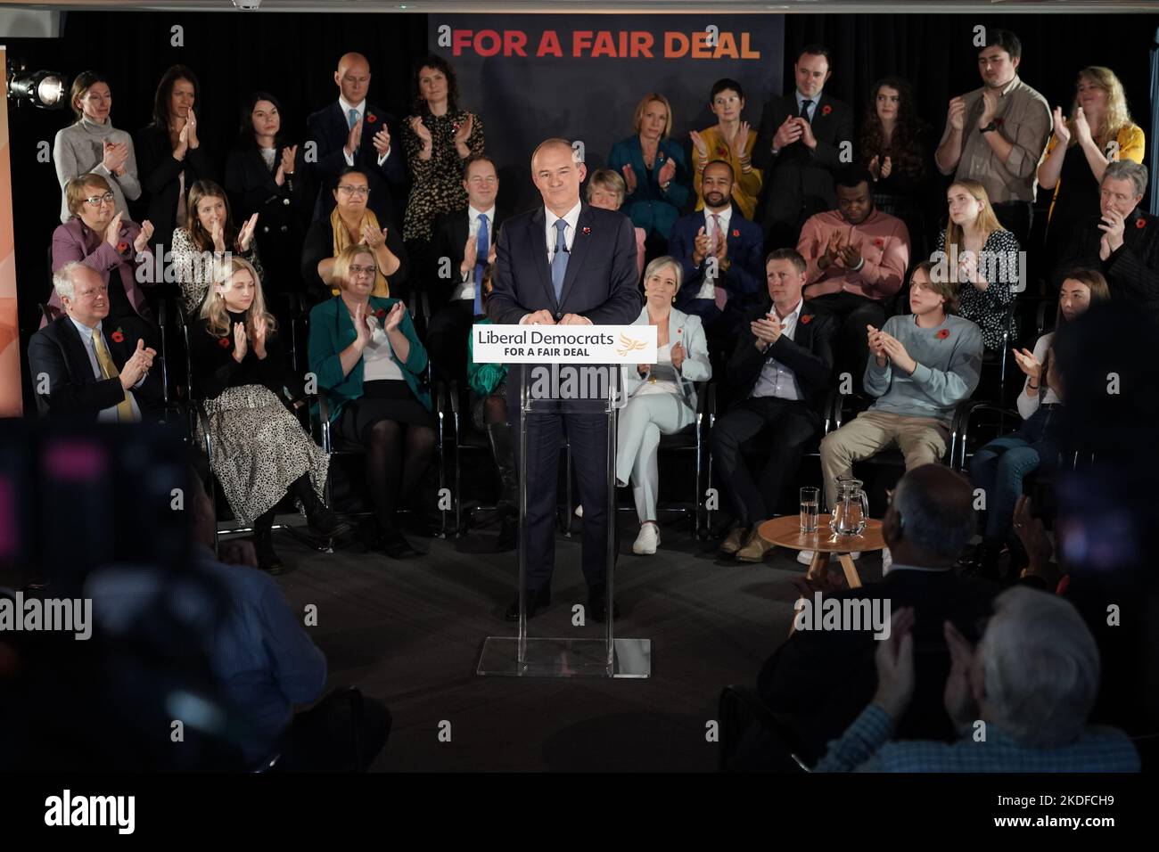 Liberal Democrat leader Sir Ed Davey delivers a speech to an audience ...