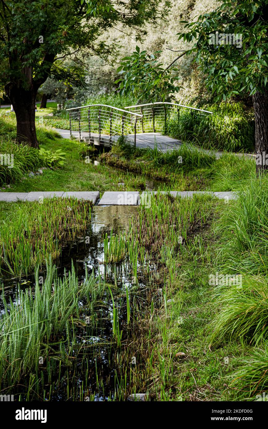 The park stream and a metal bridge across it Stock Photo - Alamy