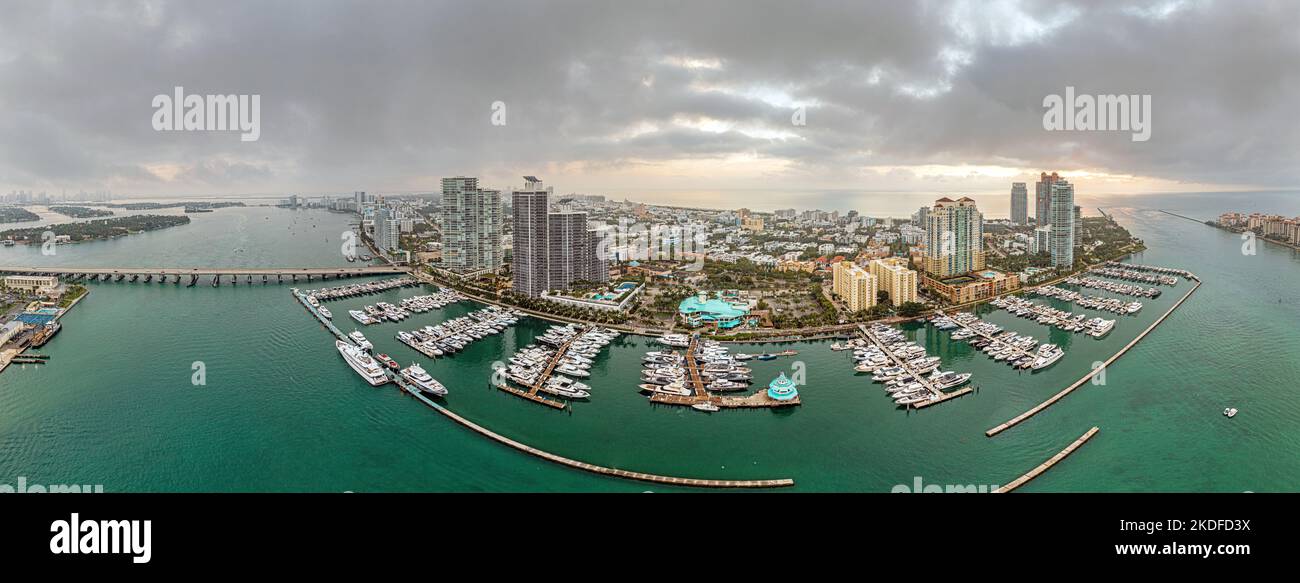 Drone panorama over Miami Beach skyline at dusk Stock Photo - Alamy