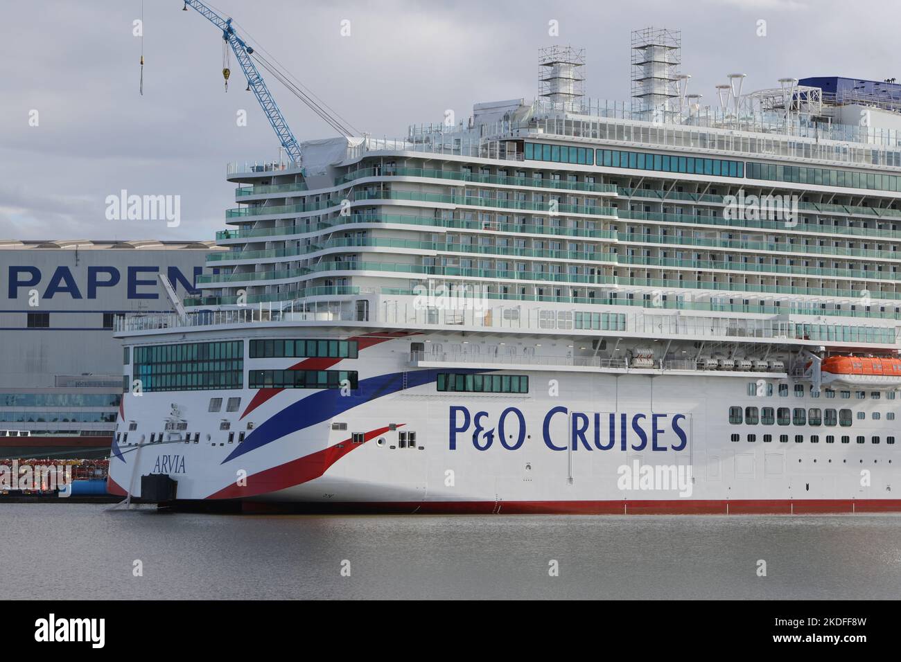 The new cruise ship Arvia is moored in front of the Meyer shipyard in ...