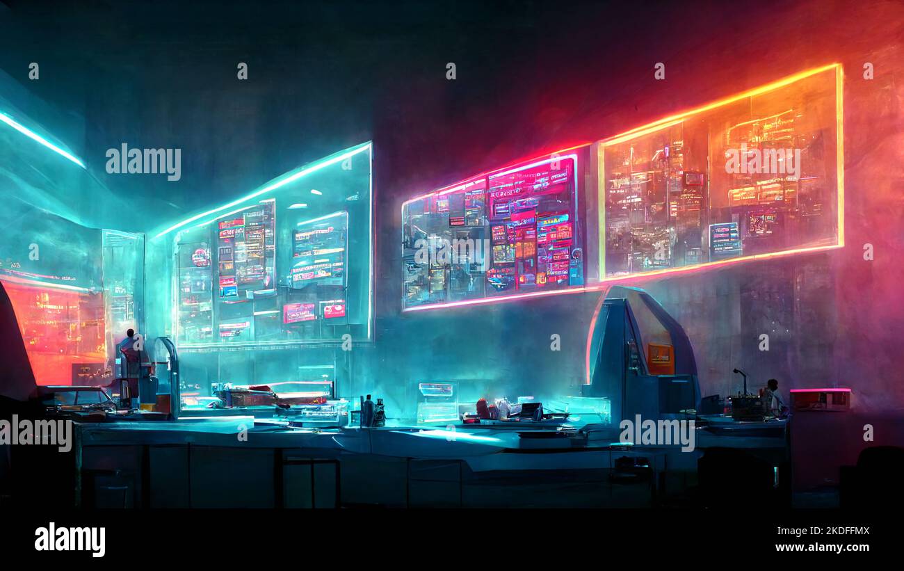 Cyberpunk workspace computer screen and server Stock Photo - Alamy