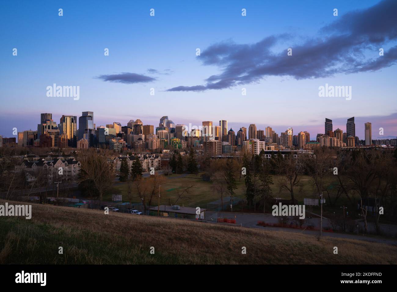 A distant view of the Calgary skyline with numerous skyscrapers in ...