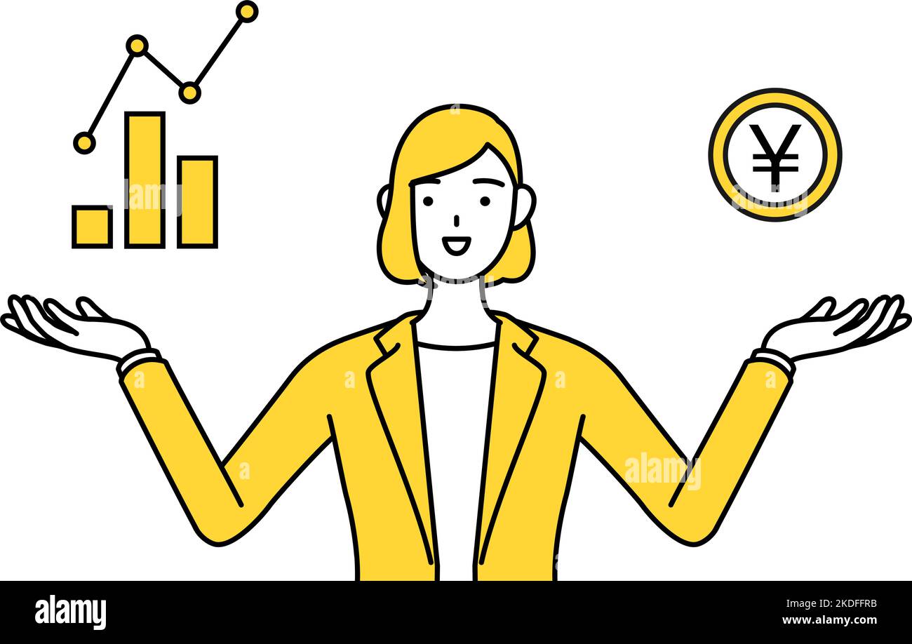 Simple line drawing illustration of a businesswoman in a suit guiding ...