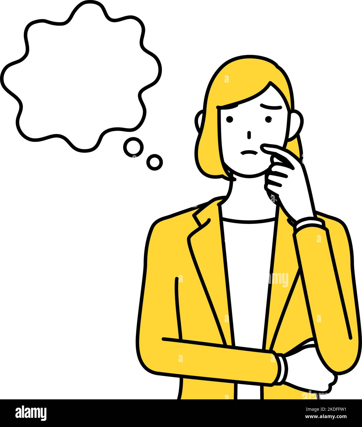 Simple line drawing illustration of a businesswoman in a suit thinking ...