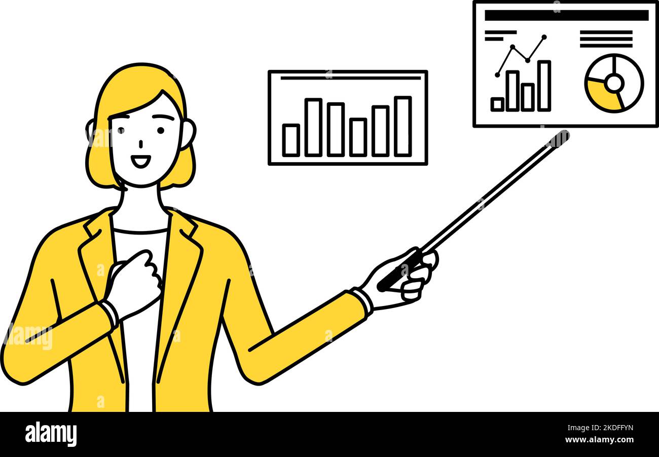 Simple line drawing illustration of a woman in a suit analyzing a ...