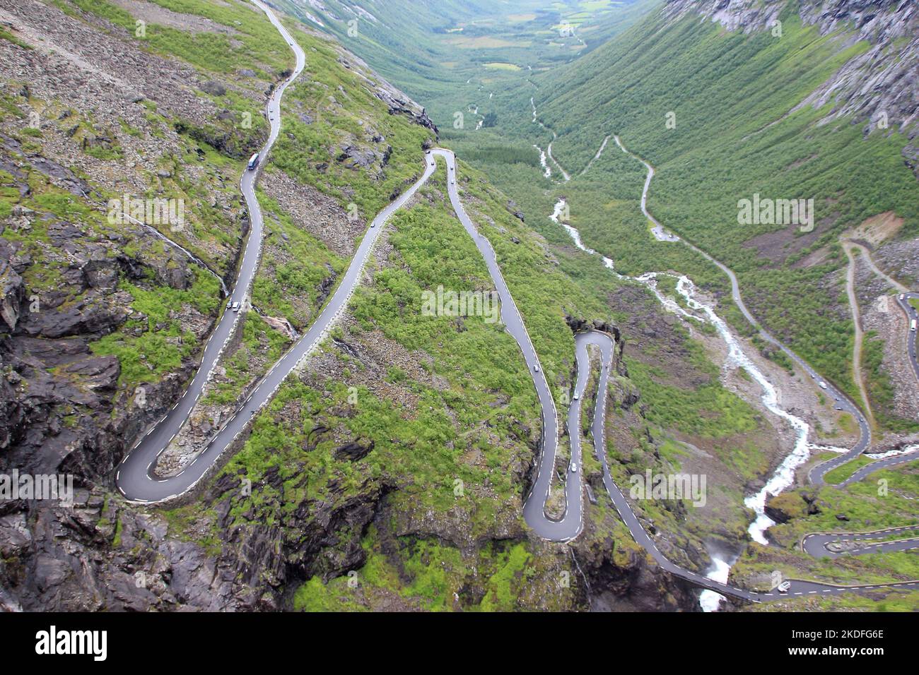 An aerial view of the rural twisting Trollstigen road in the mountains ...