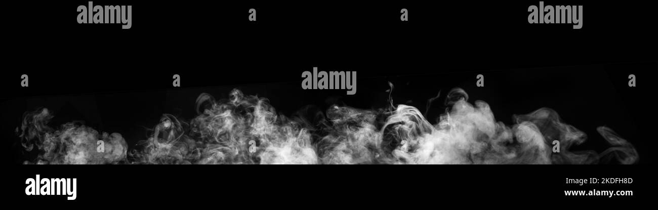 Panorama of steam, smoke, gas isolated on a black background. Swirling ...