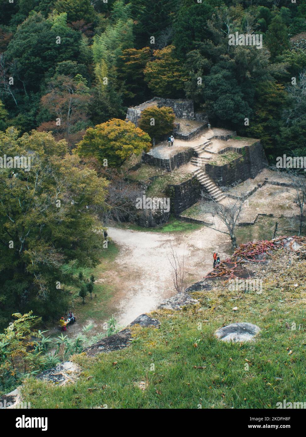 A vertical high-angle shot of the Naegi Castle Ruins in Nakatsugawa ...