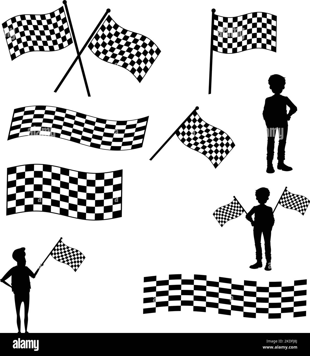 The black sticker pack of race flags and human icons on a white ...