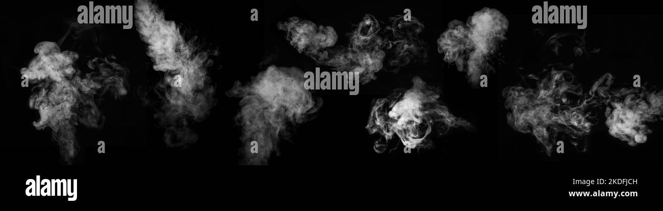 A set of 8 different steam, smoke, gas isolated on a black background ...