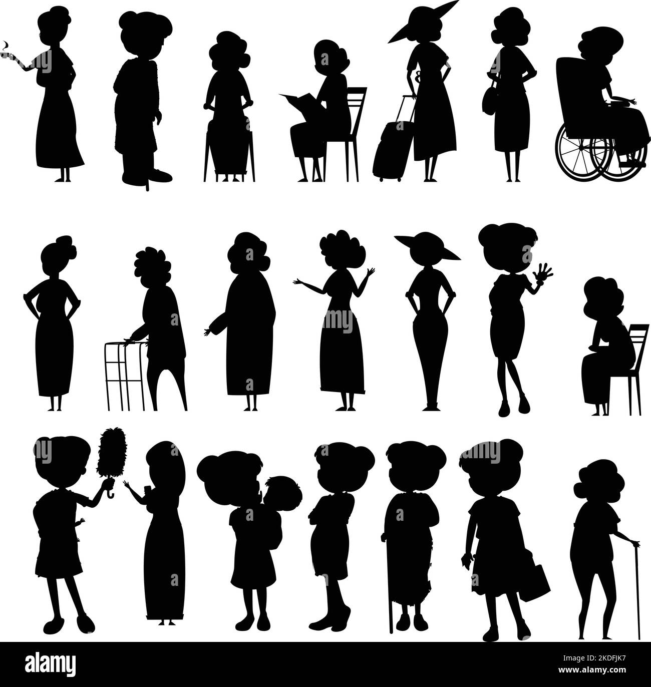 The black sticker pack of mature women icons on a white surface Stock ...