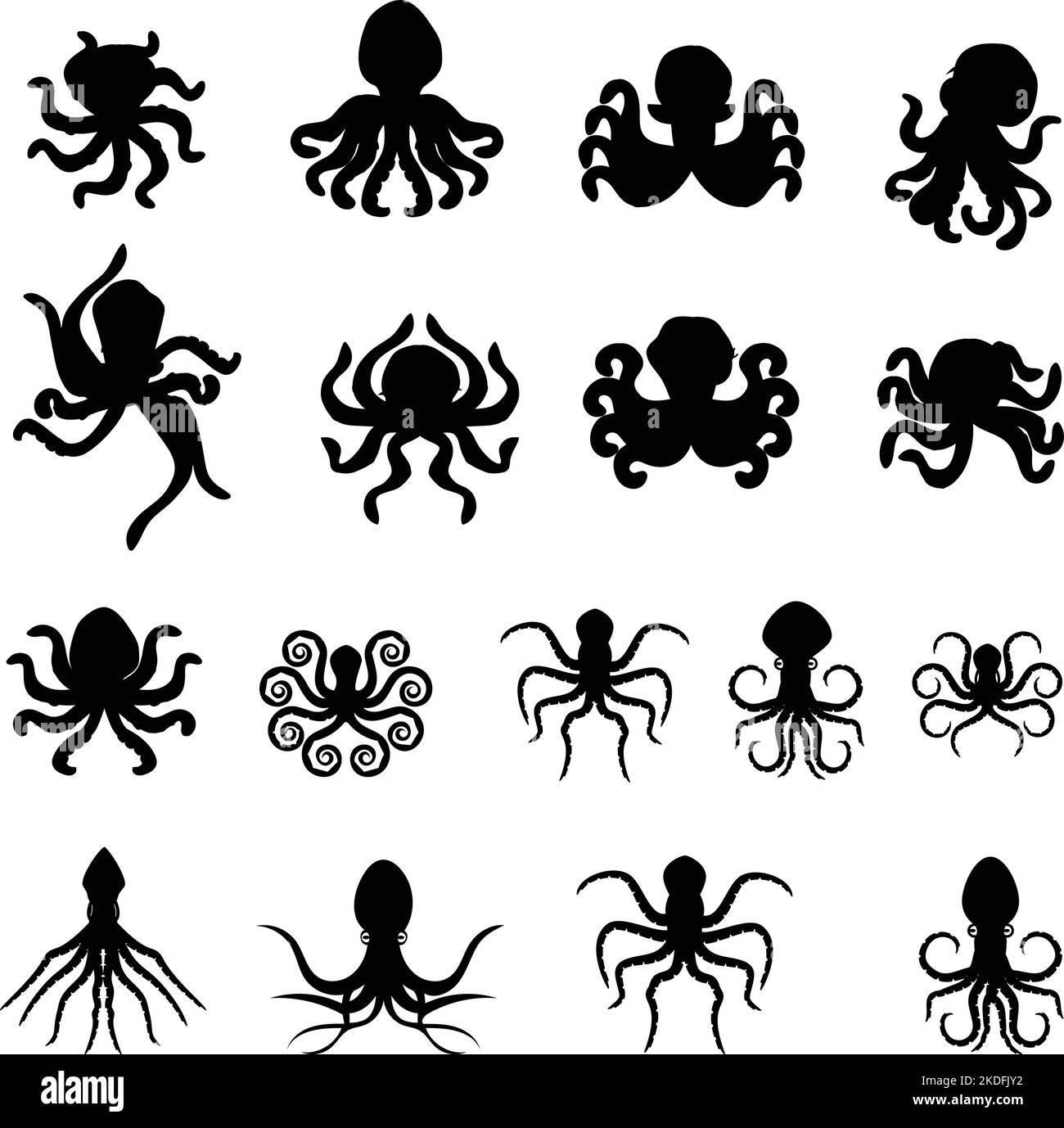The black sticker pack of octopus icons on a white surface Stock Vector ...