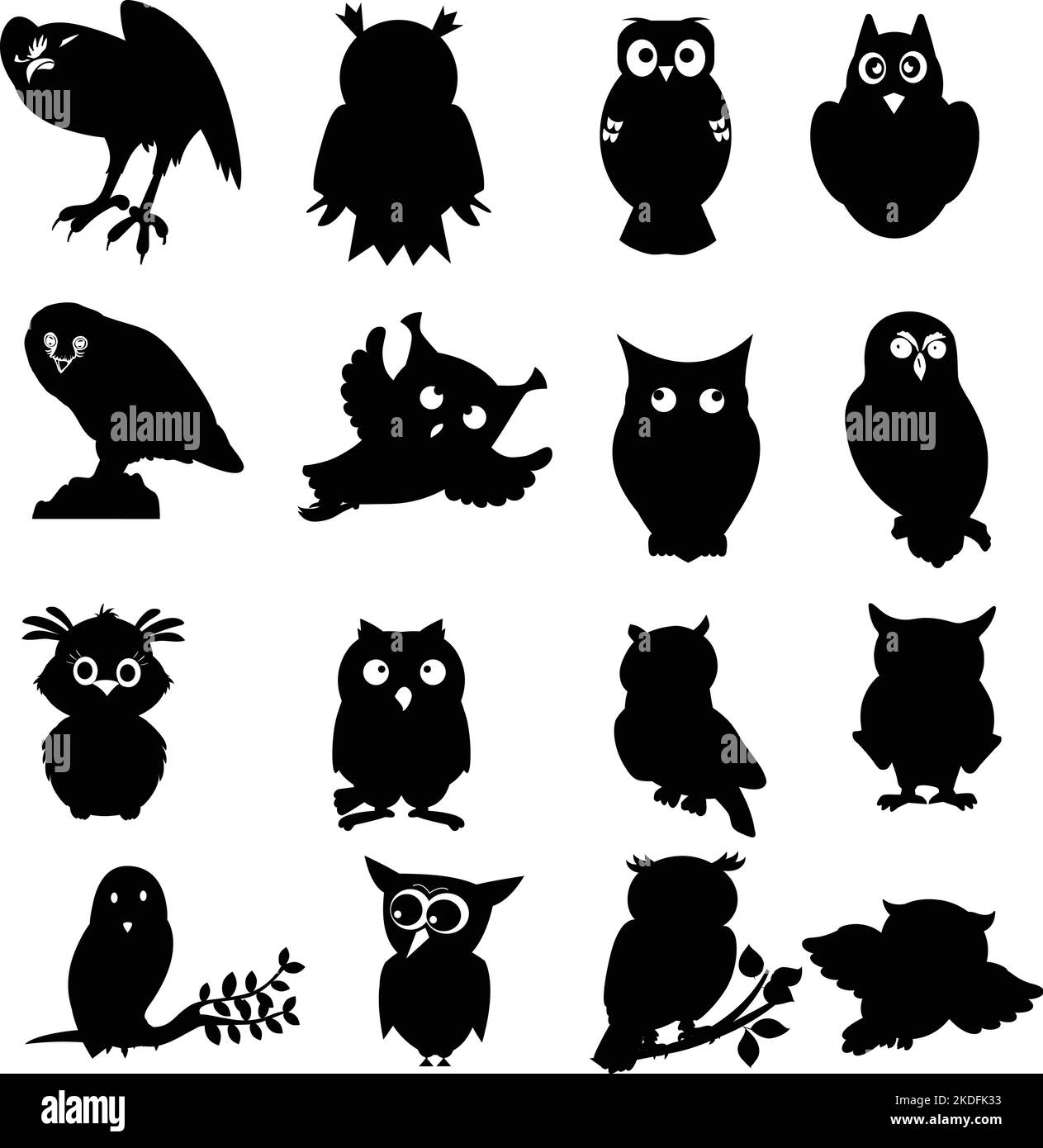 The black sticker pack of owl icons on a white surface Stock Vector ...