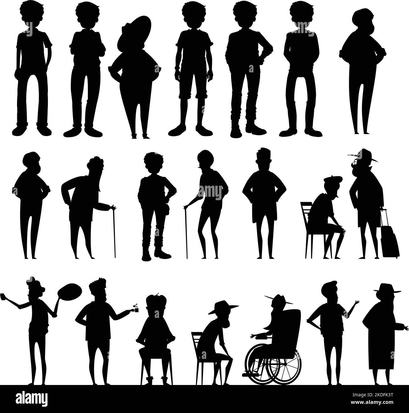 The black sticker pack of different aged people on a white surface ...