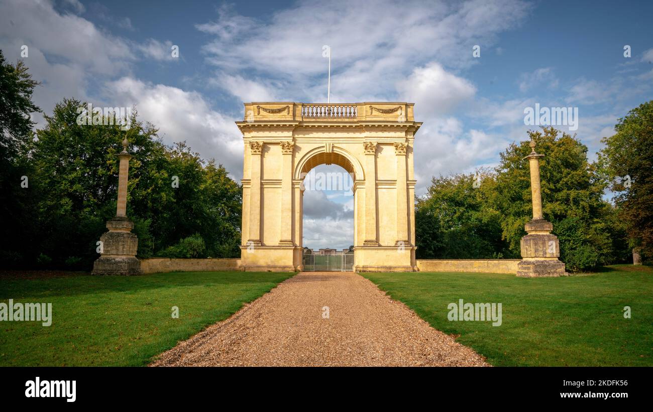A front view of the Stowe Corinthian Arch in Buckinghamshire, England ...