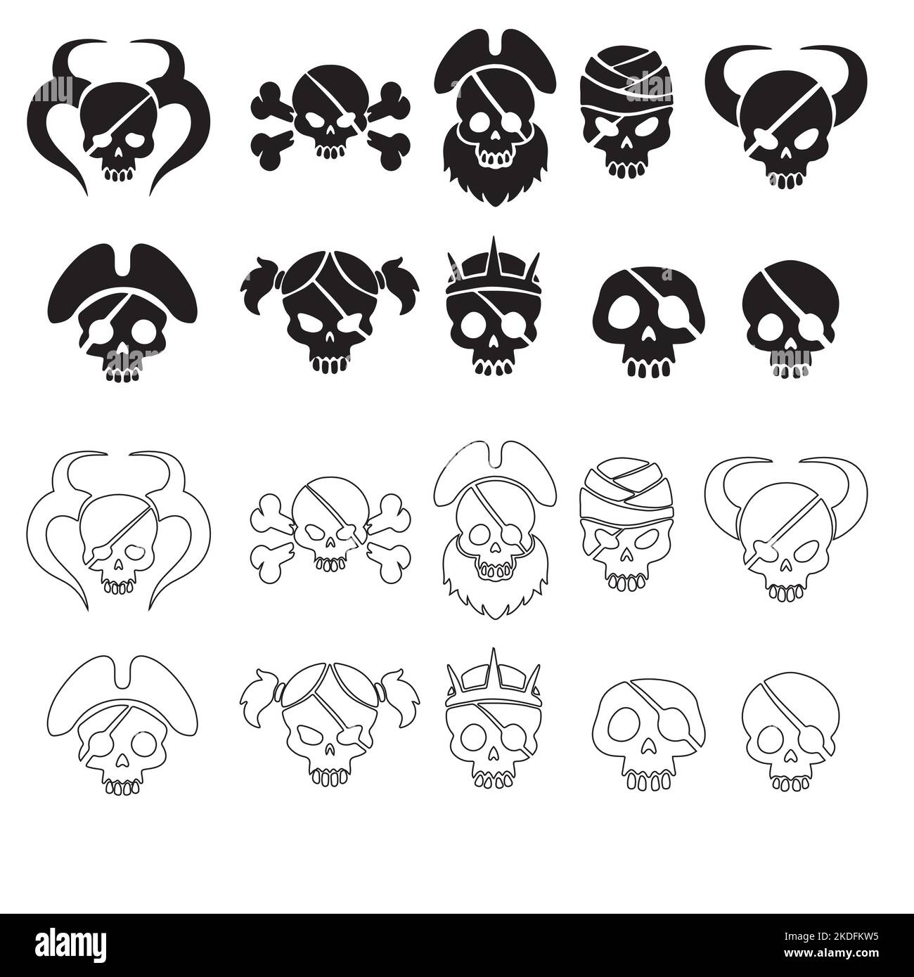 The black sticker pack of skull icons on a white surface Stock Vector ...