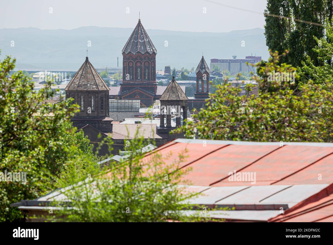 The beautiful skyline with historic churches in the city of Gyumri ...
