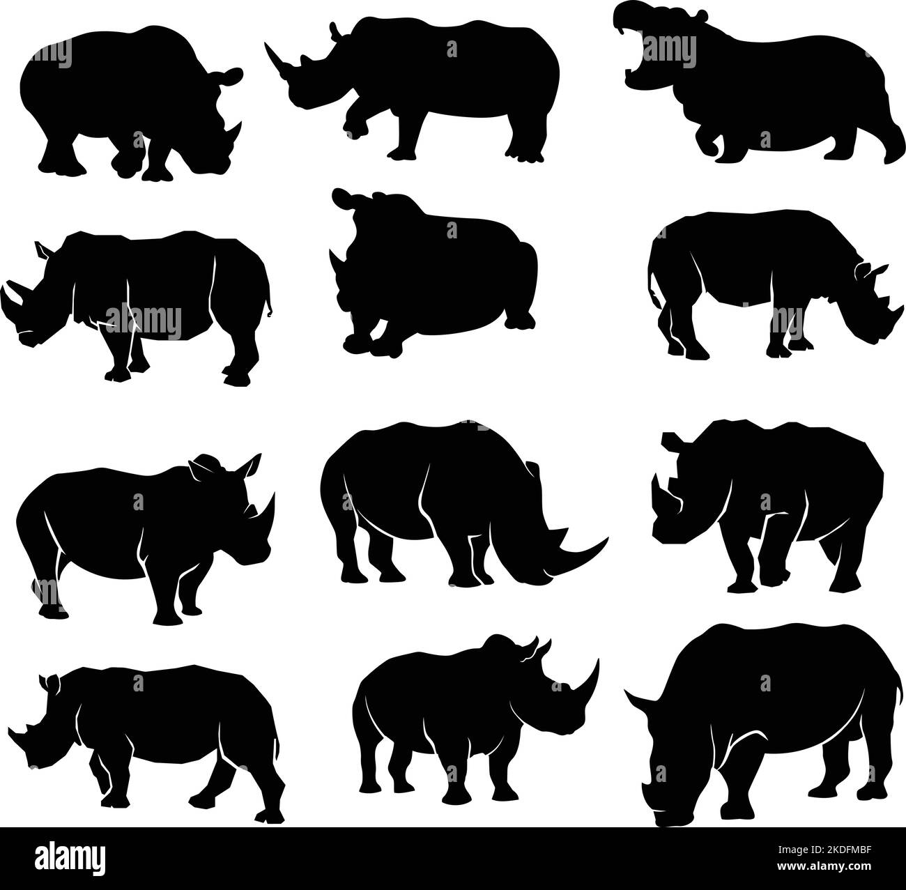 The black sticker pack of Rhinoceros silhouettes on a white background ...