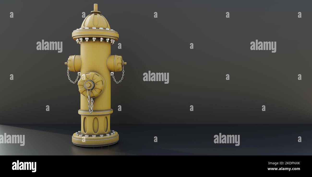 Fire hydrant old yellow color on black background, front view, copy ...