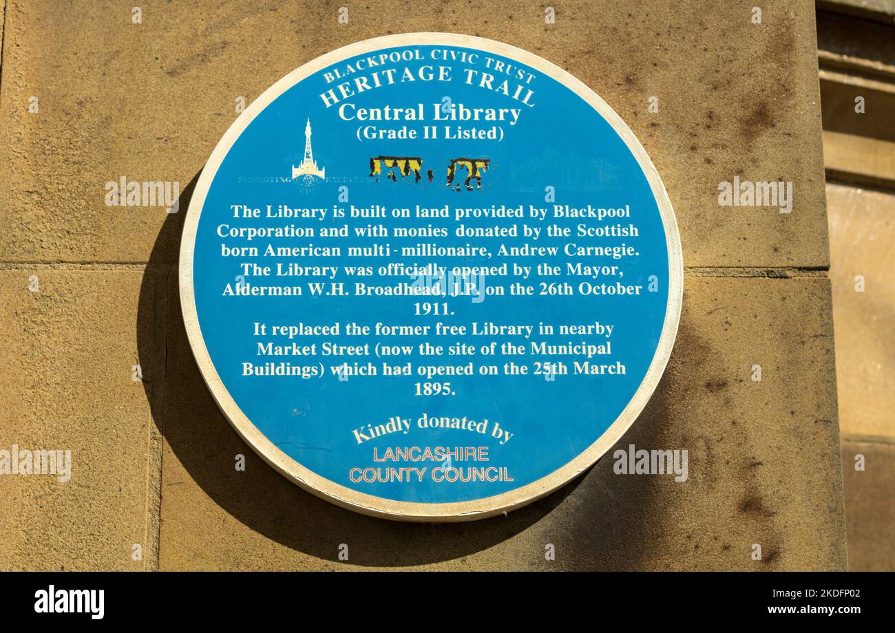 Blackpool Central Library blue plaque. Queen Street, Blackpool Stock ...