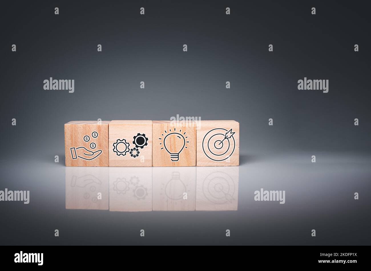 Wood cube block stacking with icon.Concept of business strategy and ...