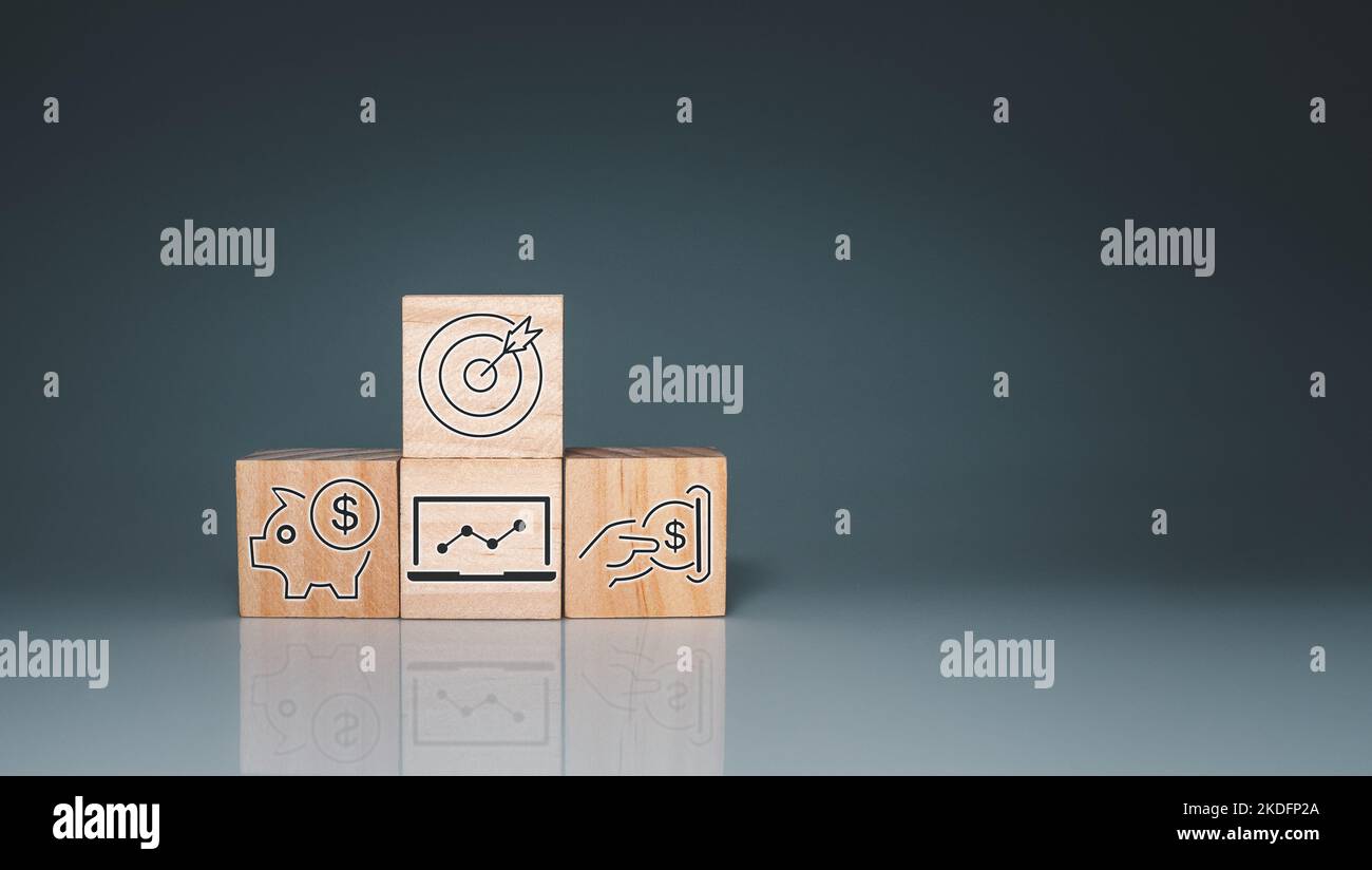 Wood cube block stacking with icon.Concept of business strategy and ...